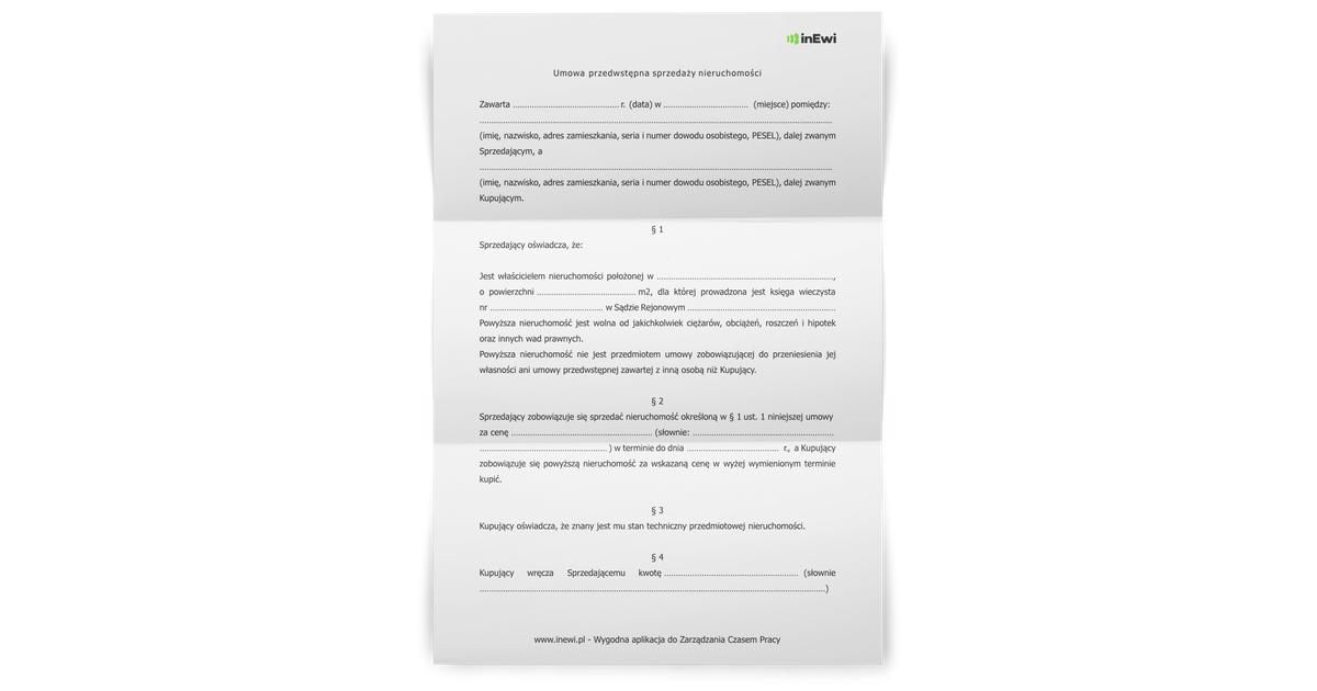 Umowa przedwstępna sprzedaży | inEwi Wzory Umowa przedwstępna sprzedaży | inEwi Wzory