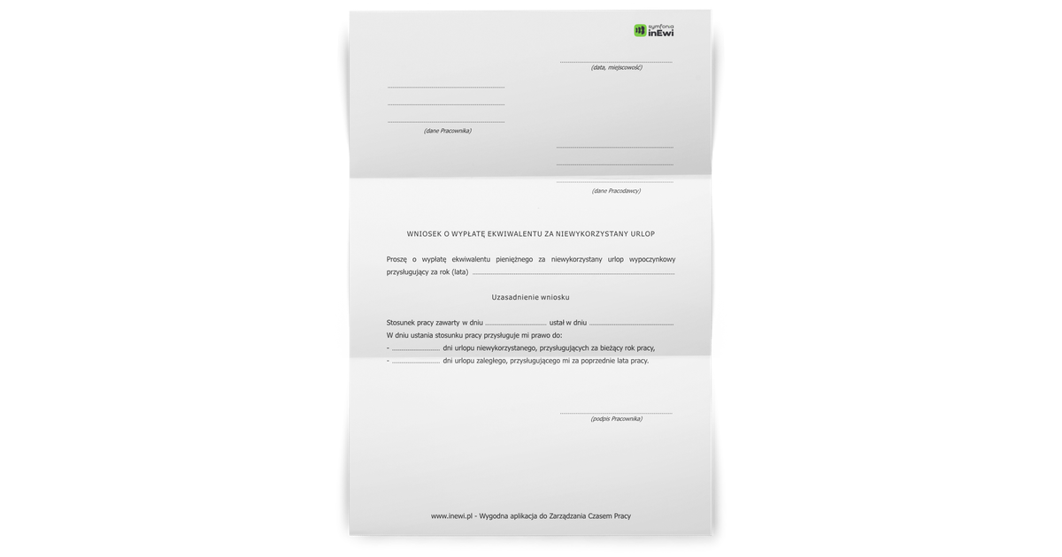 Wniosek o wykorzystanie ekwiwalentu za niewykorzystany urlop | inEwi Wzory